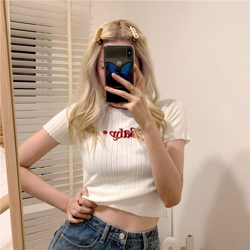Knit Baby Crop Top Belly Shirt Embroidered – DDLG Playground