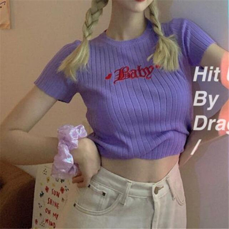 Knit Baby Crop Top Belly Shirt Embroidered – DDLG Playground