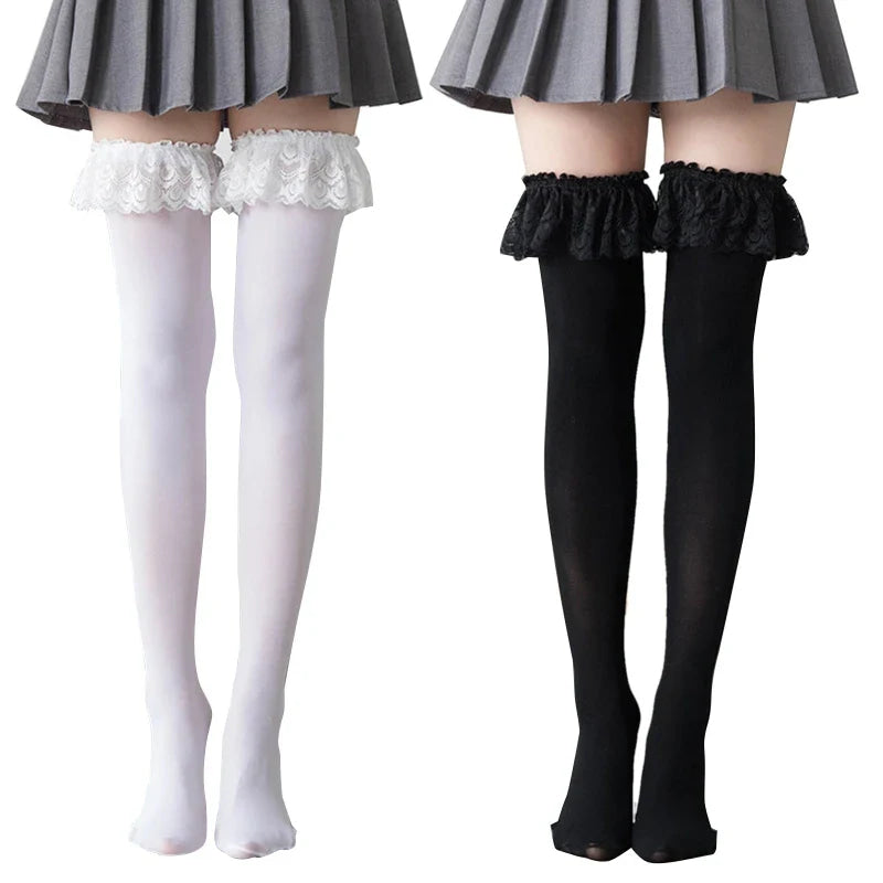 Black White Thigh High Ruffled Stockings Socks Lolita Fashion – DDLG ...