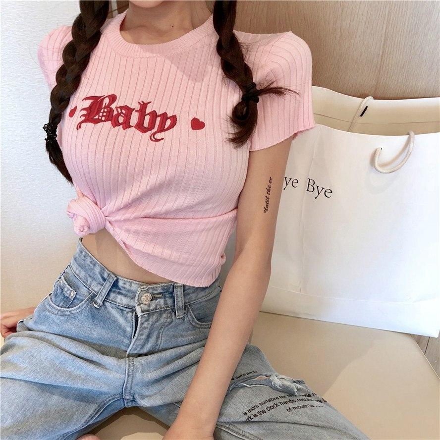 Knit Baby Crop Top Belly Shirt Embroidered – DDLG Playground