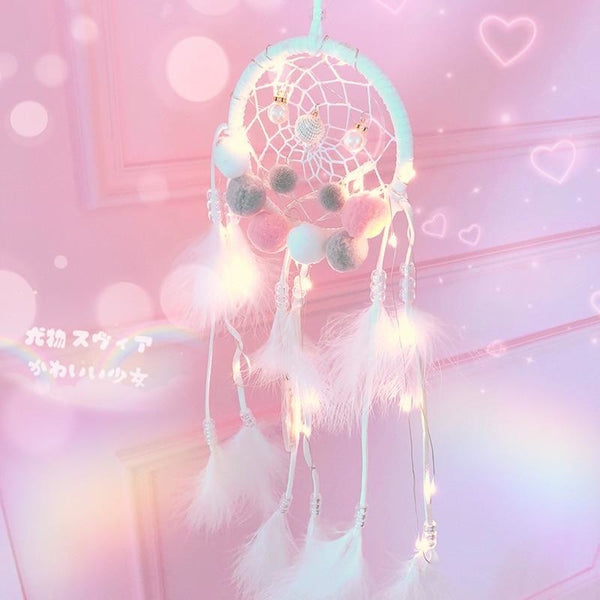 White Light Up LED Dream Catcher Pom Poms Feathers – DDLG Playground
