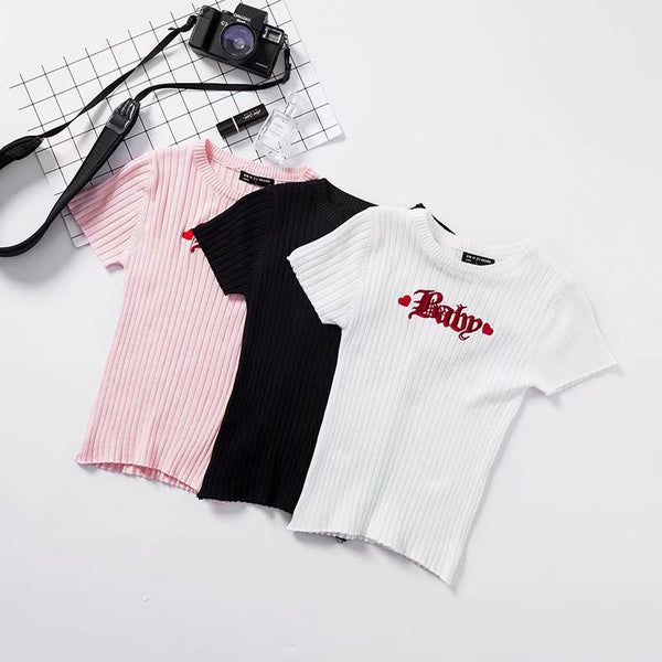 Knit Baby Crop Top Belly Shirt Embroidered – DDLG Playground