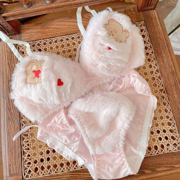 Valentine Fuzzy Bear Lingerie Set Furry Soft Plush Bra Panty – DDLG ...