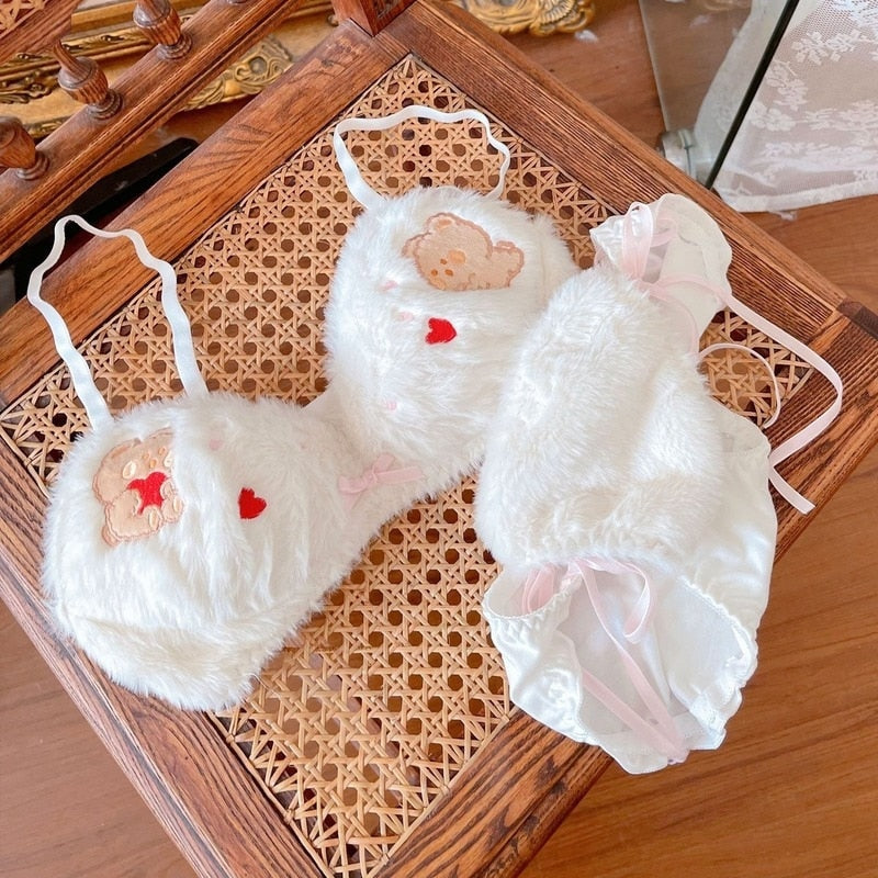 Valentine Fuzzy Bear Lingerie Set Furry Soft Plush Bra Panty – DDLG ...